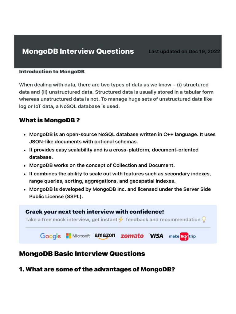 Commonly Asked MongoDB Interview Questions (2023) - Interviewbit | PDF | Mongo Db | Databases