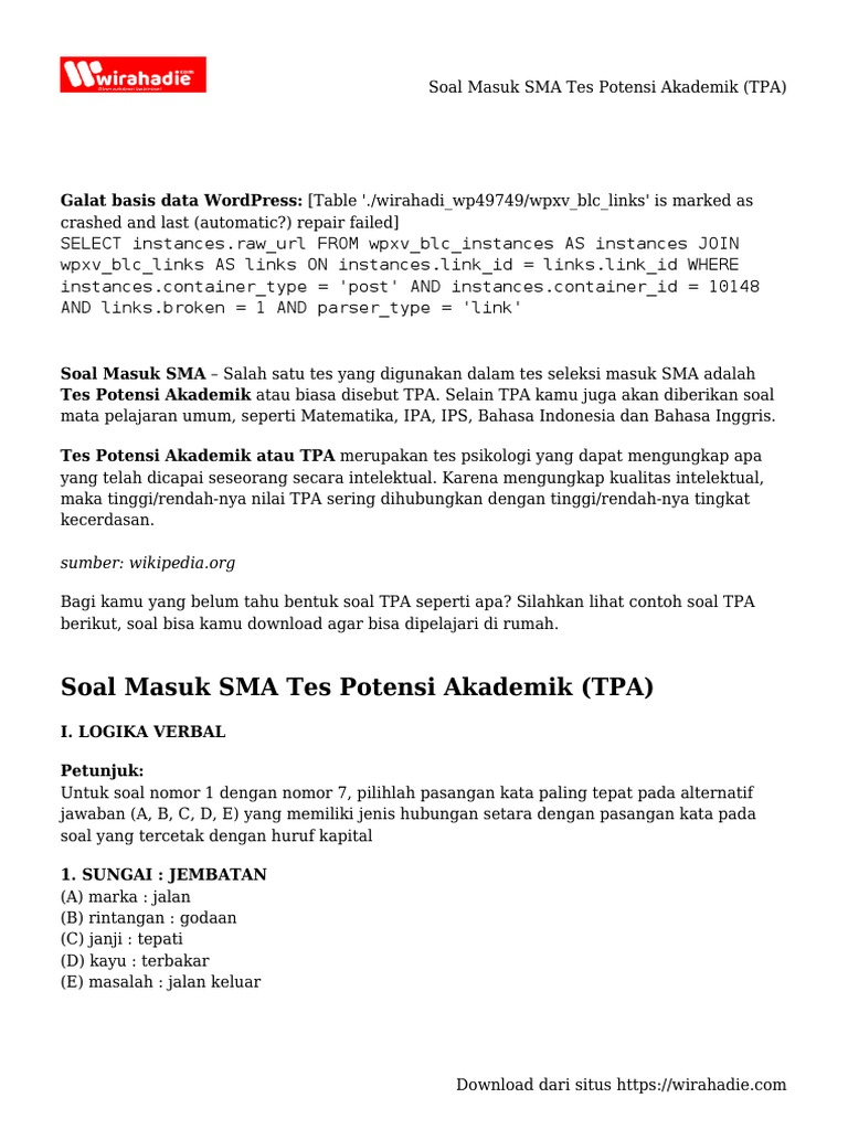 Soal TPA Masuk SMA Favorit | PDF