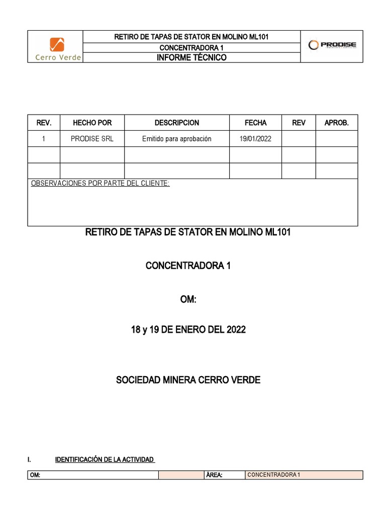 Informe Retiro de Tapas de Estator en Molino ML101 - C1 | PDF