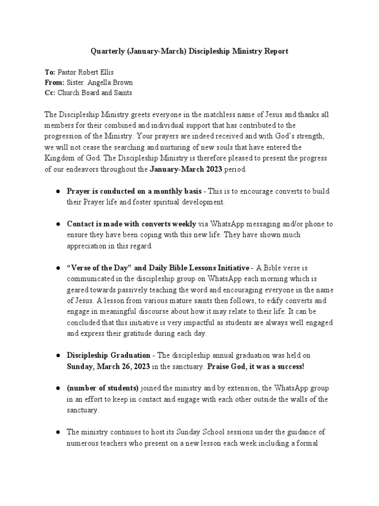 Quarterly (January-March) Discipleship Ministry Report | PDF | Disciple ...