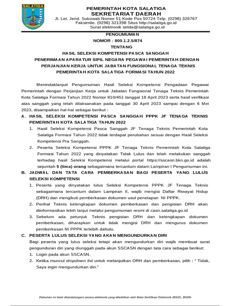 Pengumuman Hasil Seleksi Kompetensi Pasca Sanggah Penerimaan ASN PPPK Jabatan Fungsional Tenaga ...