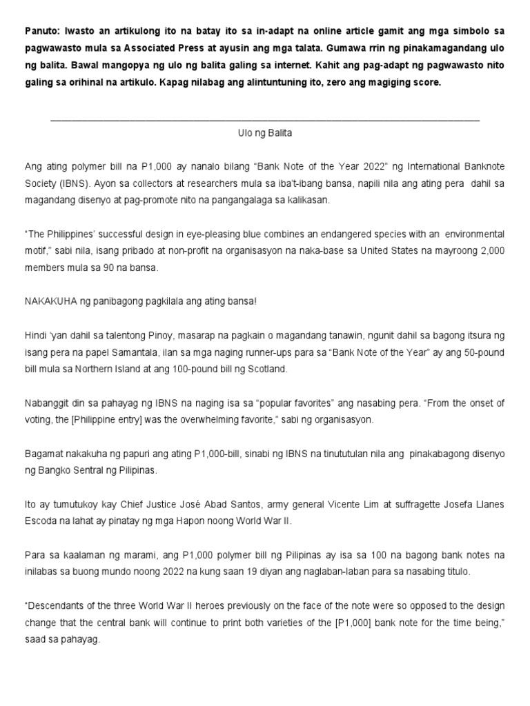 Copy Reading Materials Assessment 2 (Filipino) | PDF