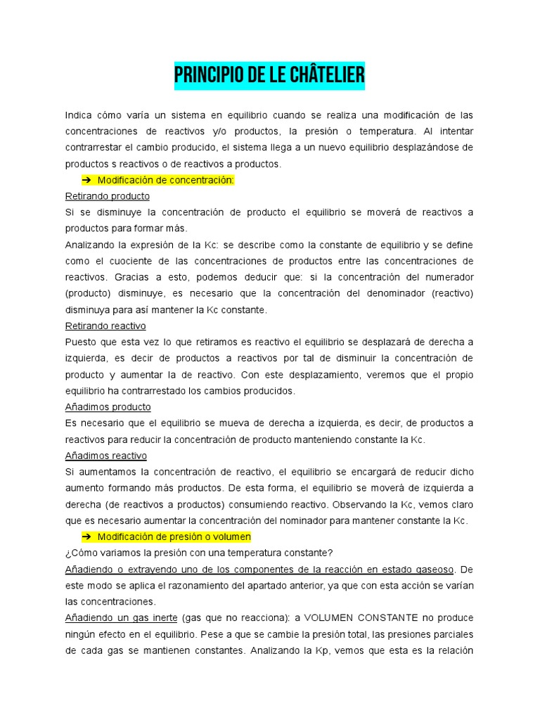 Principio de Le Châtelier | PDF | Equilibrio químico | Gases