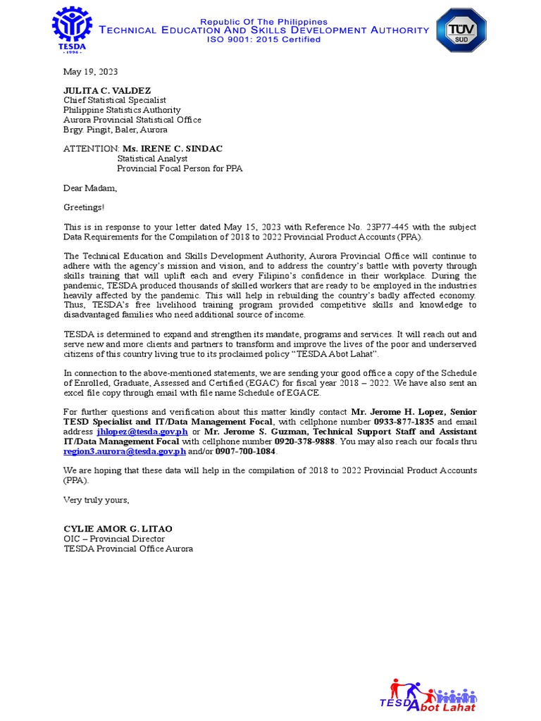 TESDA Data Submission for PPA Compilation | PDF