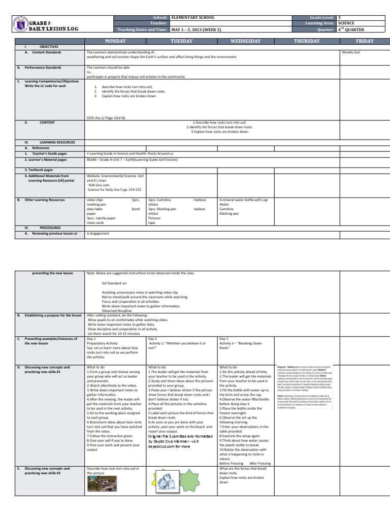 DLL - Science 5 - Q4 - W1 | PDF | Teachers | Soil