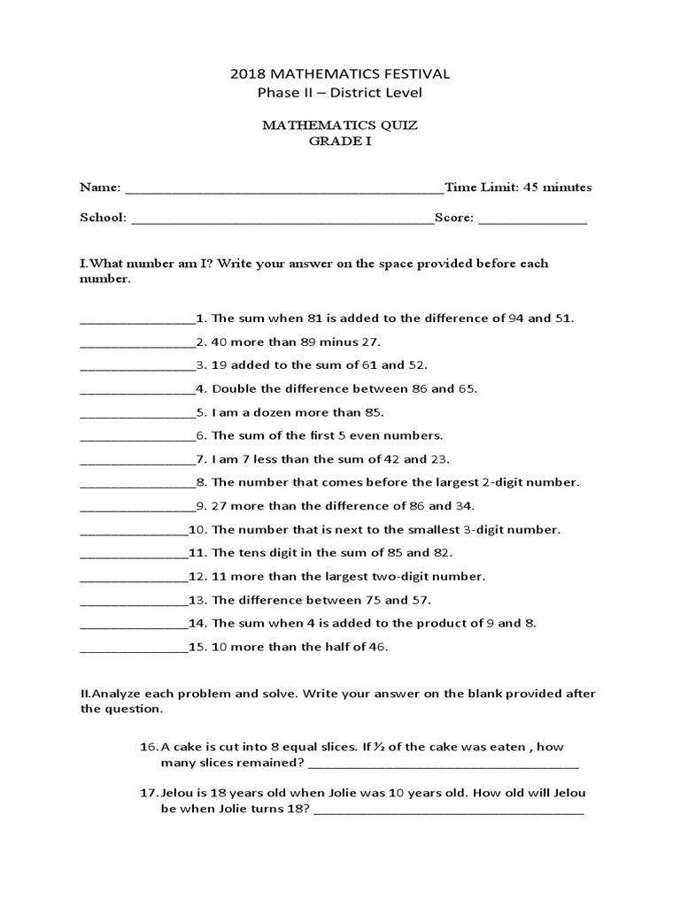 2018 Math Quiz Pdf Odds Numbers