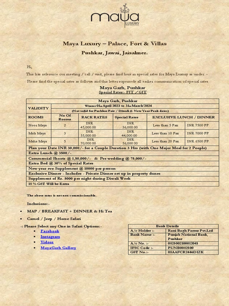 Maya Luxury Hotels, Resorts & Villas Rates - 2023 - 2024 | PDF