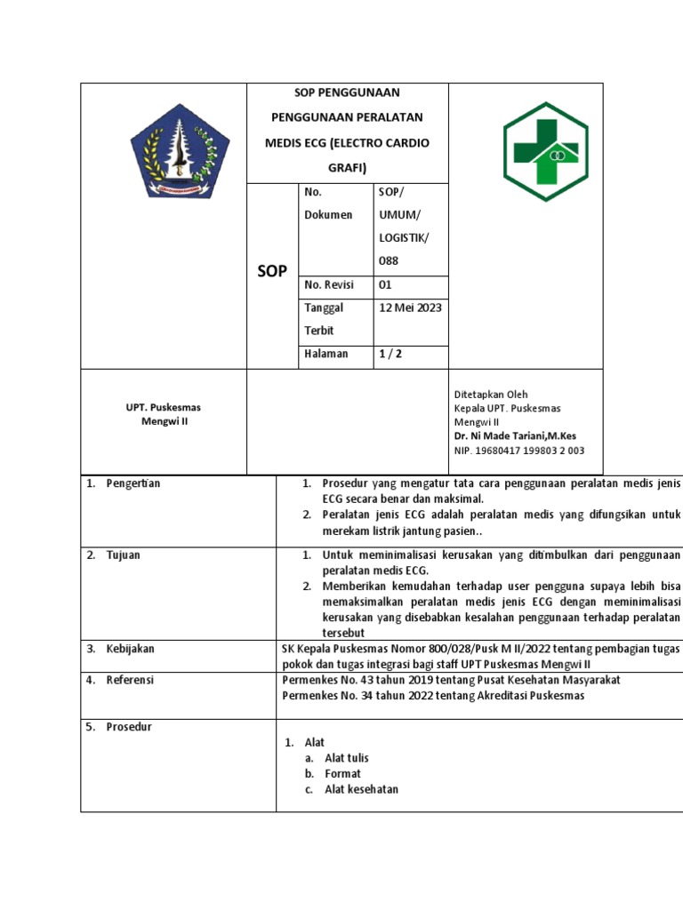 Sop Penggunaan Penggunaan Peralatan Medis Ecg | PDF