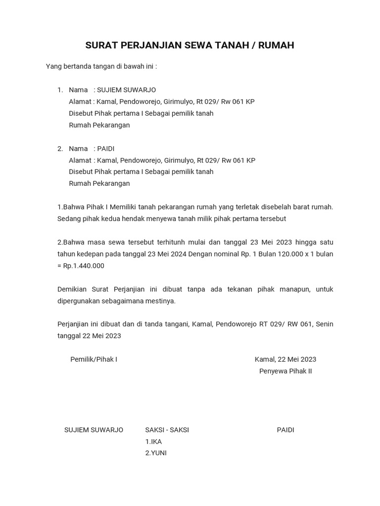 Surat Perjanjian Sewa Tanah | PDF