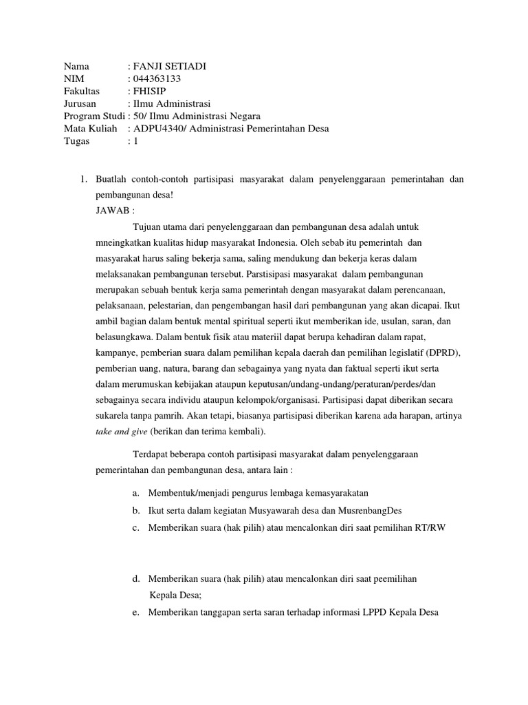 Tugas 1 Fanji Seiadi-ADPU4340-Administrasi Pemerintahan Desa | PDF