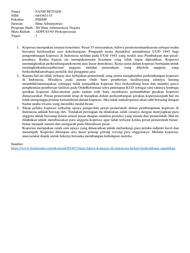 Tugas 1 Fanji Setiadi-ADPU4330-Perkoperasian | PDF