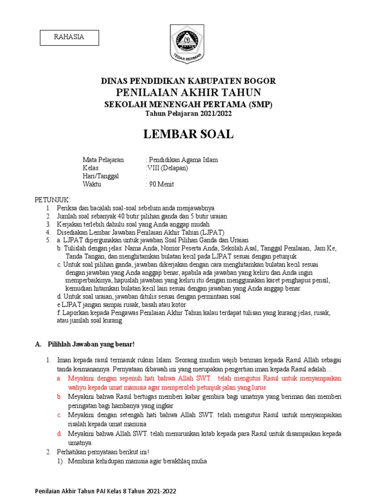 Soal Pat Pai 8 2022 | PDF