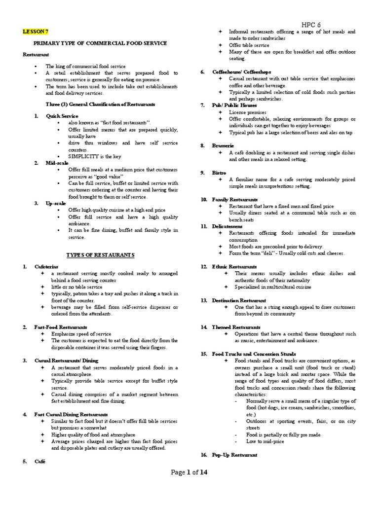 HPC 6 Final Exam Lesson 7 10 | PDF | Restaurants | Tableware