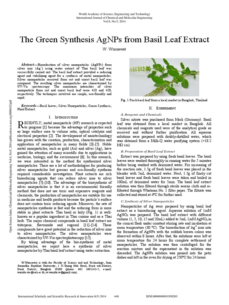 The Green Synthesis Agnps From Basil Leaf Extract | PDF | Nanoparticle | Silver