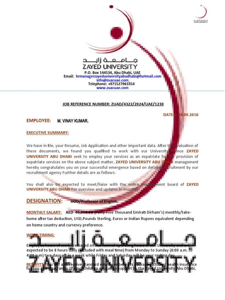 Zayed University Abu Dhabi Offer Letter | PDF | Employment | United ...
