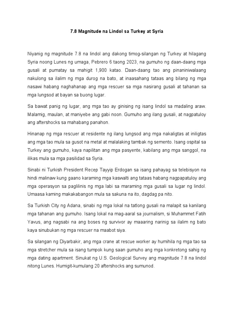 Lindol Sa Turkey News Article - Tagalog | PDF