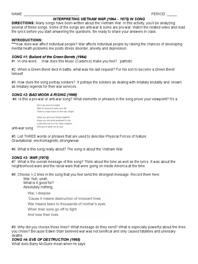 5 - 3 Interpreting Vietnam War Songs | PDF