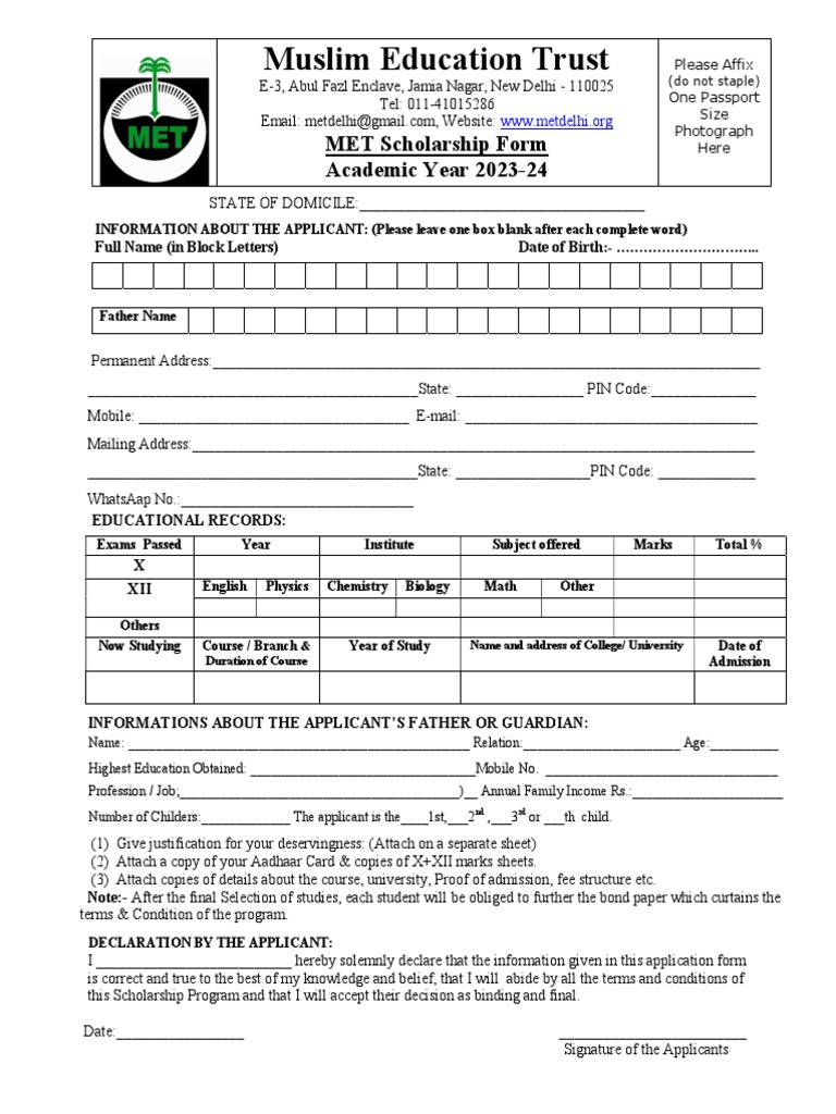 MET Scholarship Form 2023 24 | PDF