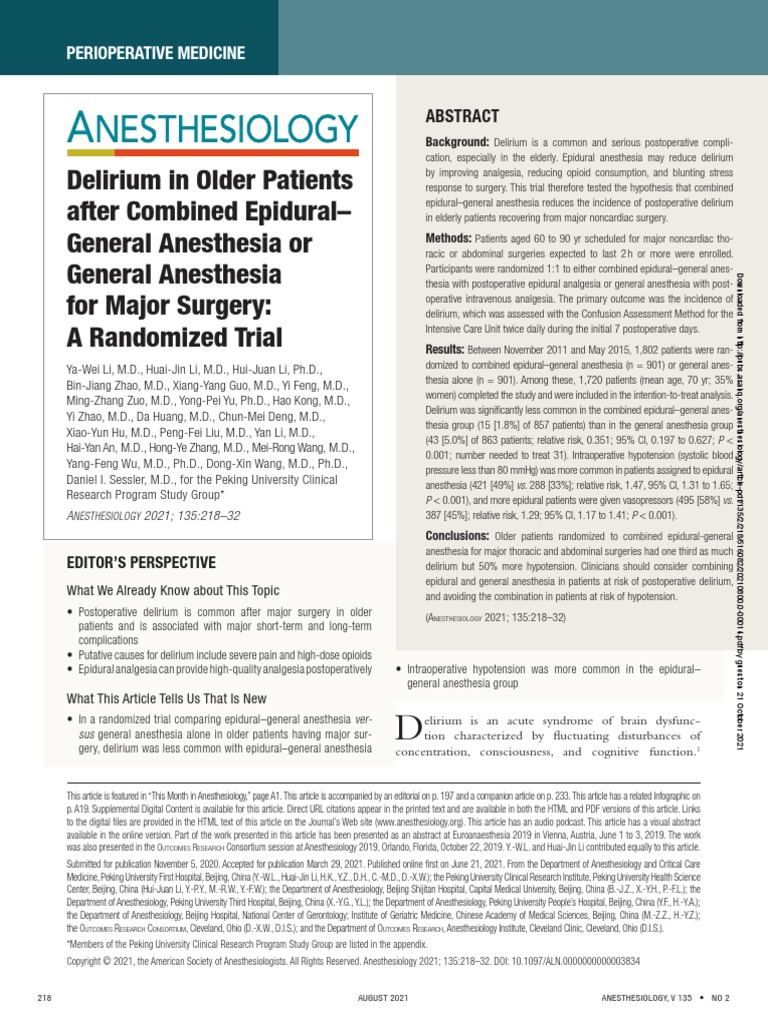 Práctica 18 - Delirium in Older Patients After Anesthesia (Artículo ...