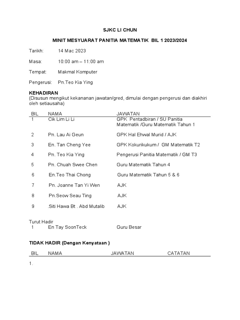 Minit Mesyuarat Audit Kurikulum Bil 1 2023 | PDF