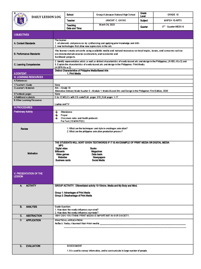 LESSON PLAN PRINT MEDIA FINALW6 Q3 March 20-24,2023 - 042011 | PDF ...