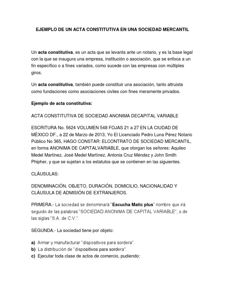 Acta Constitutiva de Una Soc. Mercantil | PDF | Sociedad de responsabilidad limitada | México