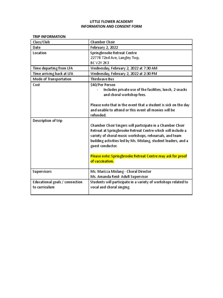 Chamber Choir Retreat Info & Consent | PDF | Choir