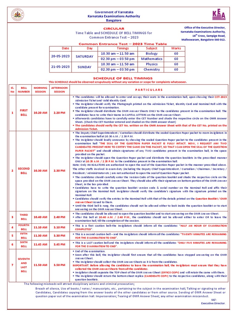 CET 2023 Exam Schedule and Bell Timings | PDF