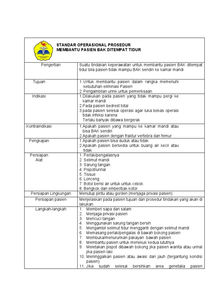 SOP Membantu Pasien BAK di Tempat Tidur | PDF | Kesehatan Holistik