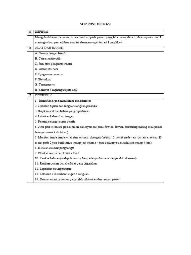 Sop Post Operasi | PDF