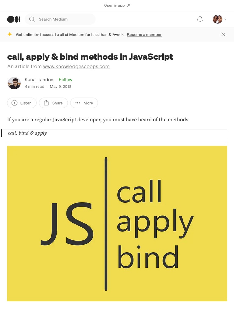Call Apply And Bind Methods In Javascript By Kunal Tandon Medium Pdf Java Script