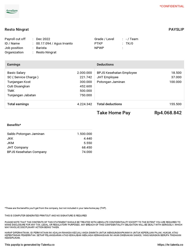 Payslip-Resto Ningrat-Des-2022-Agus Irvanto | PDF | Economies ...