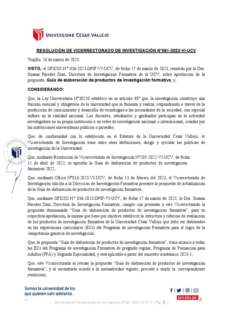 RVI N°061-2023-VI-UCV Aprueba Guía de Elaboración de Productos de ...