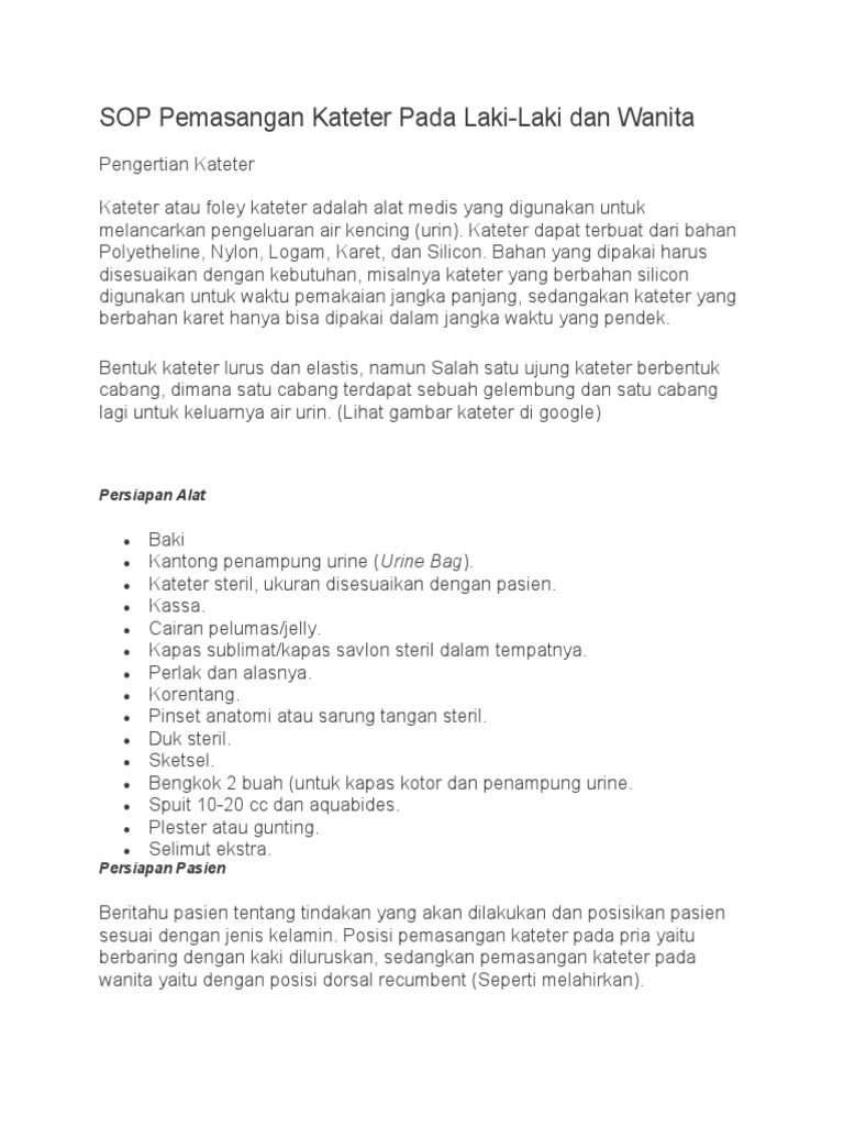 SOP Pemasangan Kateter Pria dan Wanita | PDF | Kesehatan Holistik | Sains & Matematika
