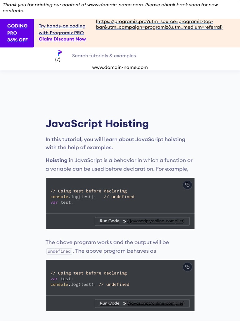 Javascript Hoisting (with Examples) | Pdf | Java Script | Scope 