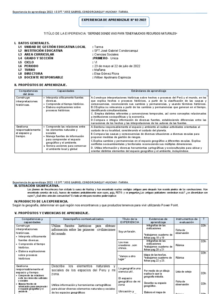 EdA José Gabriel Condorcanqui CCSS 1° II 2022 | PDF | Aprendizaje | Cognición