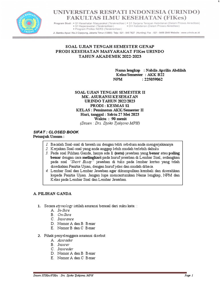 Nabila Aprilia 225059062 Asuransi Kesehatan Kelas AKK | PDF