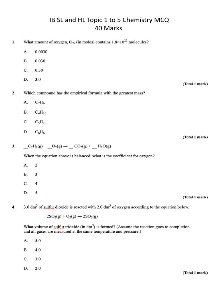 IB Chemistry SL/HL Topics 1-5 MCQs | PDF | Energy Level | Electron
