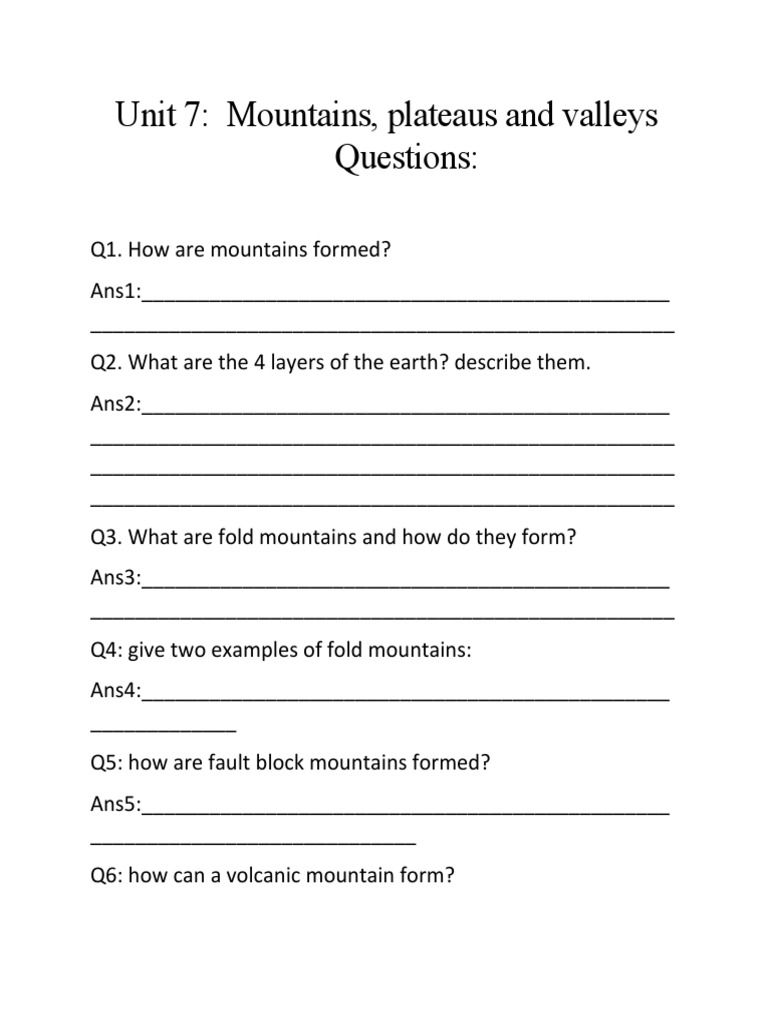 Mountains, Valleys and Plateaus Worksheet | PDF