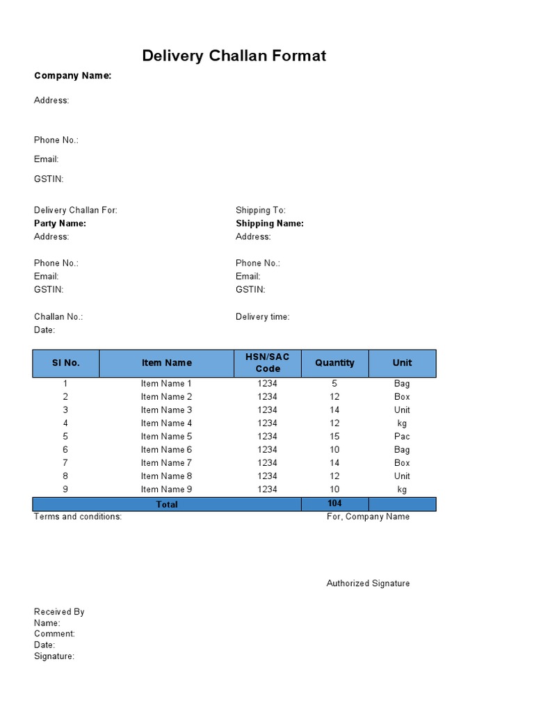 Delivery Challan Format and Template | PDF