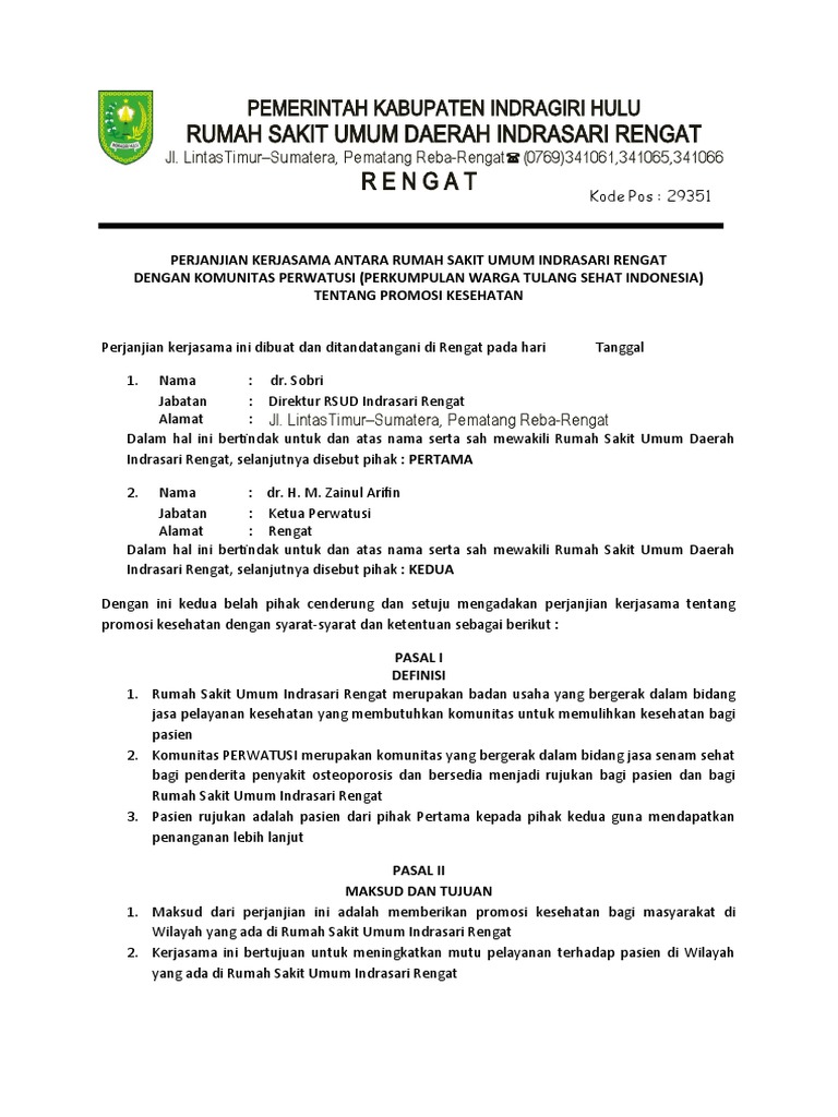 Perjanjian Kerjasama Antara Rumah Sakit Umum Indrasari Rengat | PDF