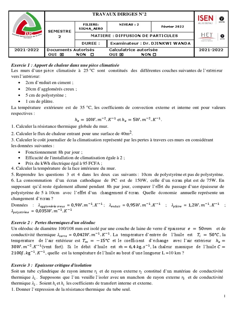TD - Diffusion Thermique | PDF | Transfert thermique | Conductivité ...