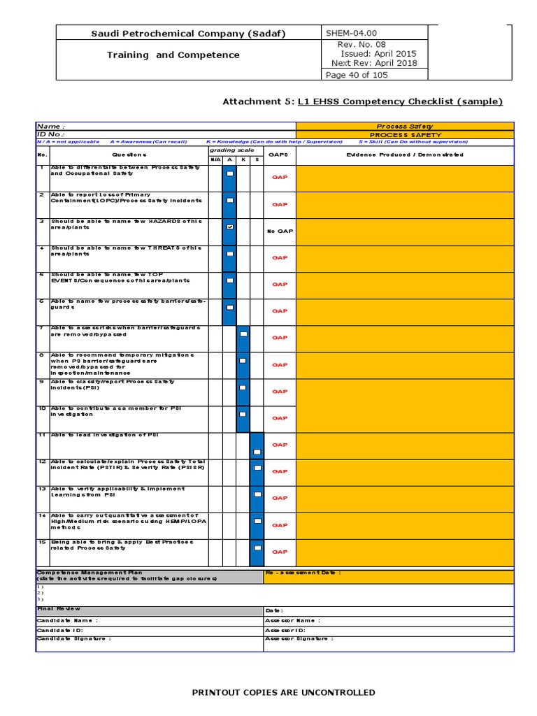 Attachment 5 L1 EHSS Competency Checklist (Sample) | PDF | Workplace | Occupational Safety And ...