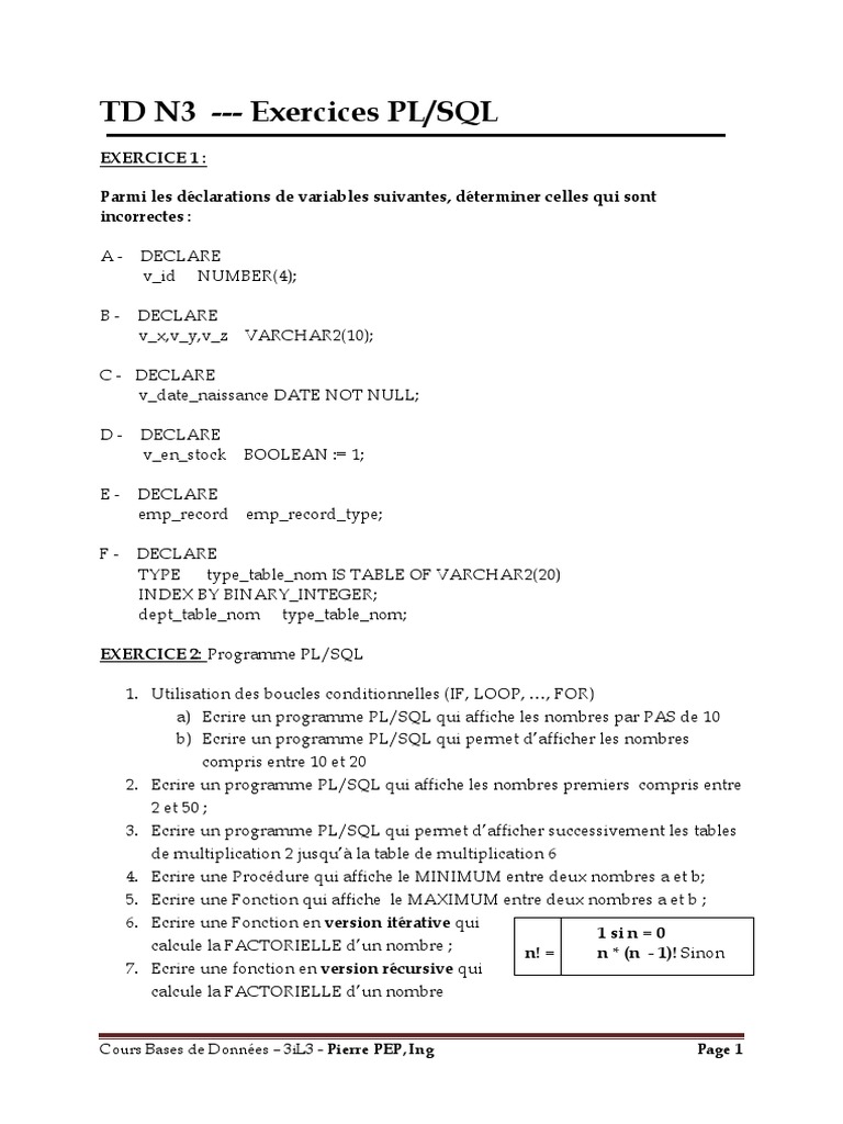 TD N3 BDD Oracle-PLSQL | PDF | PL/SQL | Bases de données