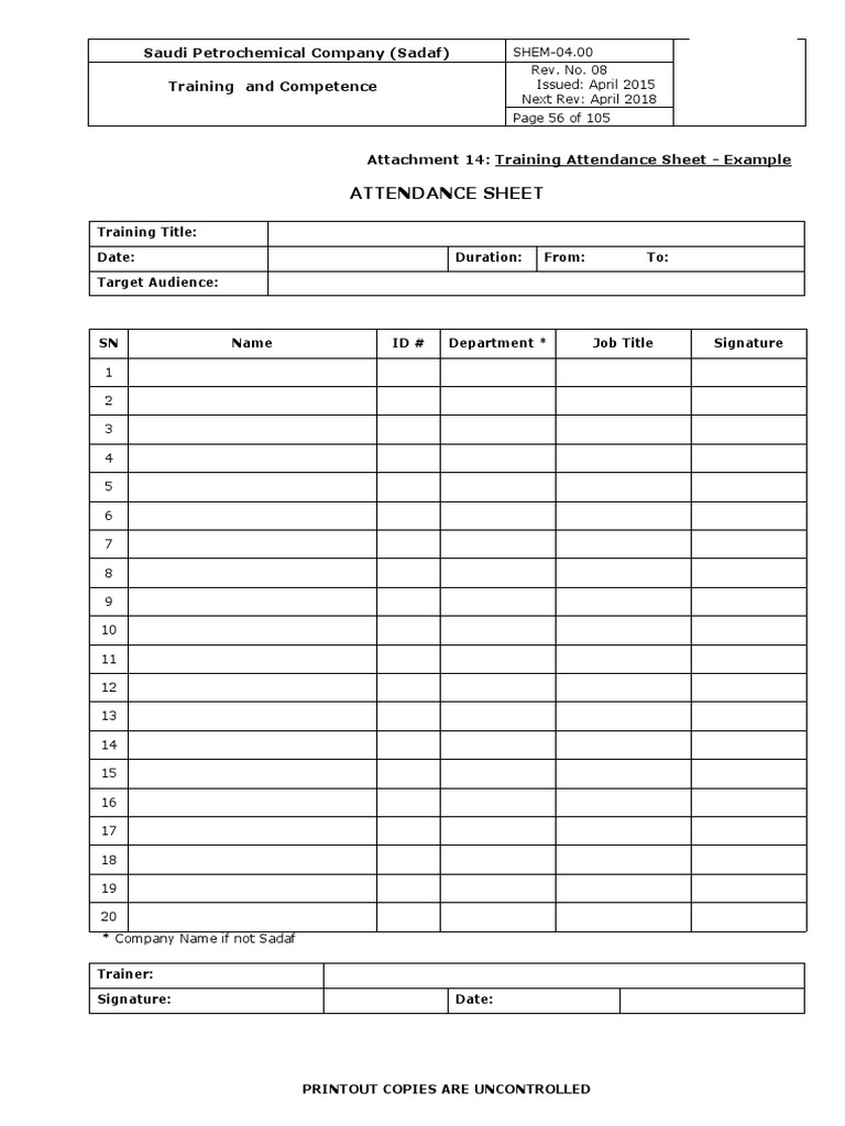 Attachment 14 Training Attendance Sheet - Example | PDF