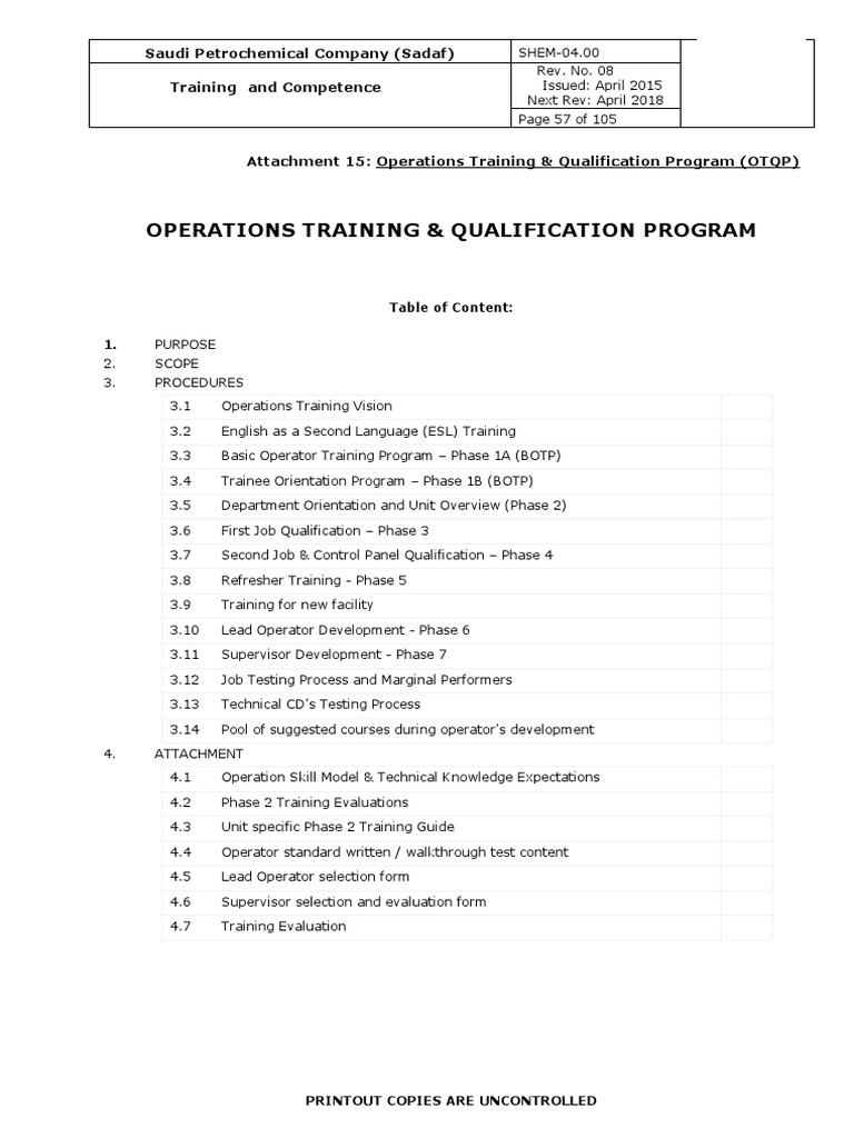 Attachment 15 Operations Training and Qualification Program (OTQP ...