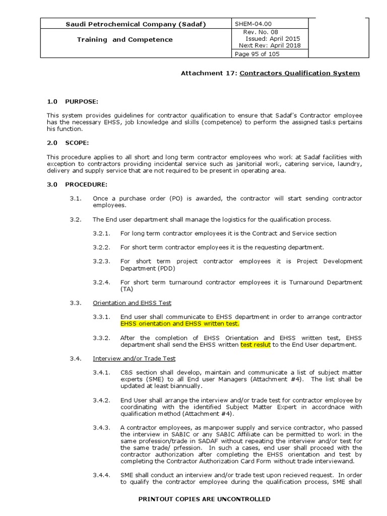 Attachment 17 Contractors Qualification System | PDF | Employment ...