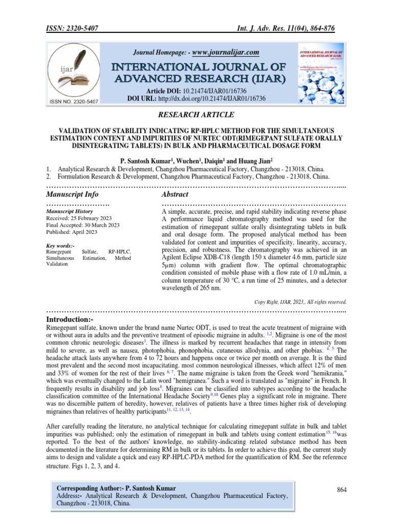 RP-HPLC Method for Rimegepant Analysis | PDF | Migraine | High ...