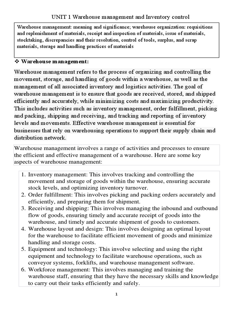 Warehouse Management & Inventory Control MBA NOTES MBA | PDF ...