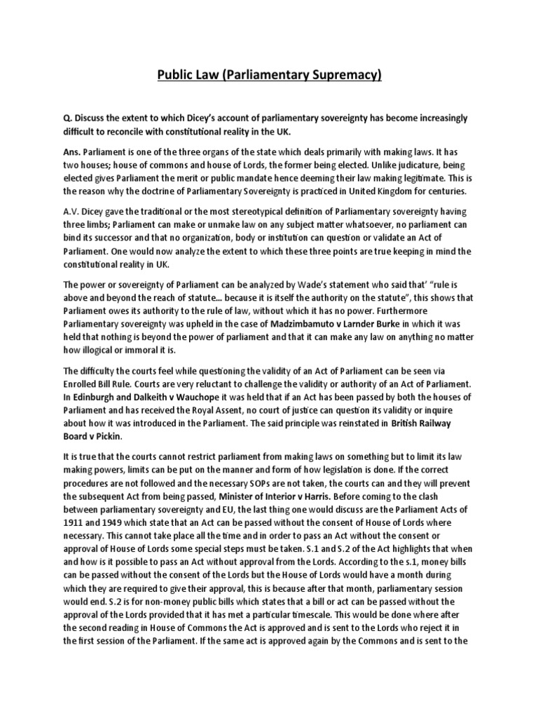 Public Law (Parliamentary Supremacy) Final | PDF | Act Of Parliament ...